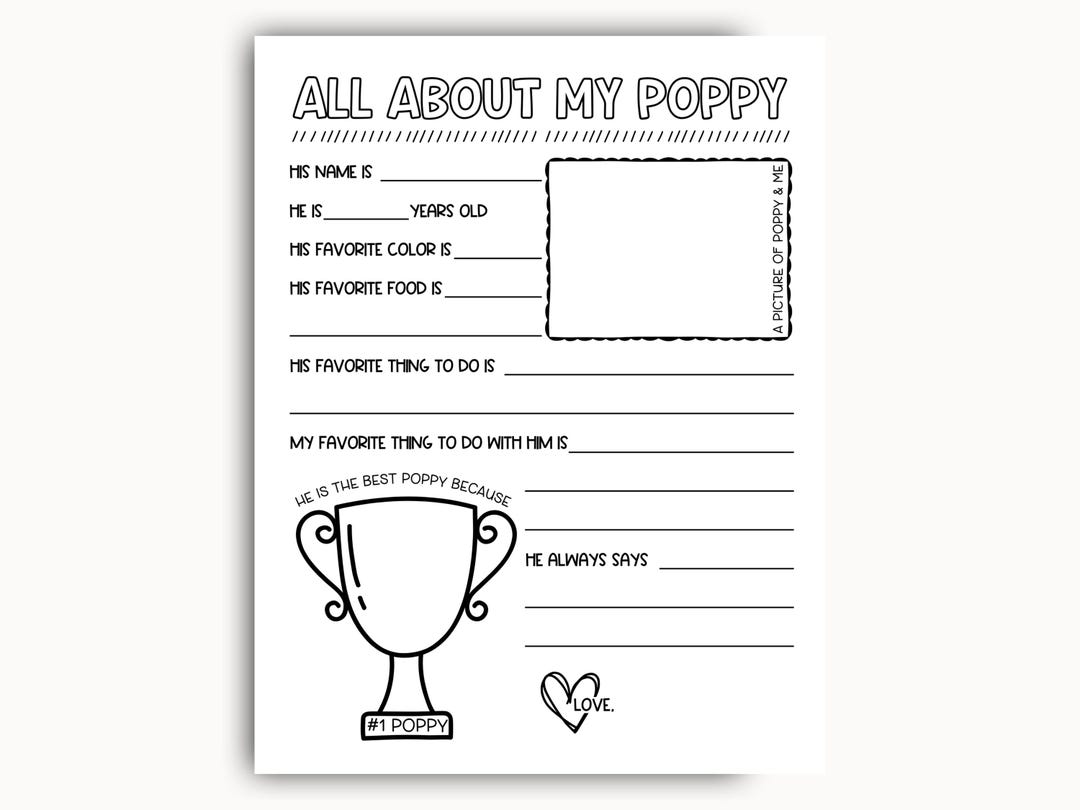 All About My Poppy Printable, Fathers Day Printable Gift, Birthday Gift ...