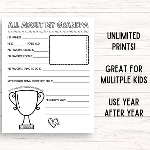 All About My Grandpa Printable, Fathers Day Printable Gift, Birthday ...