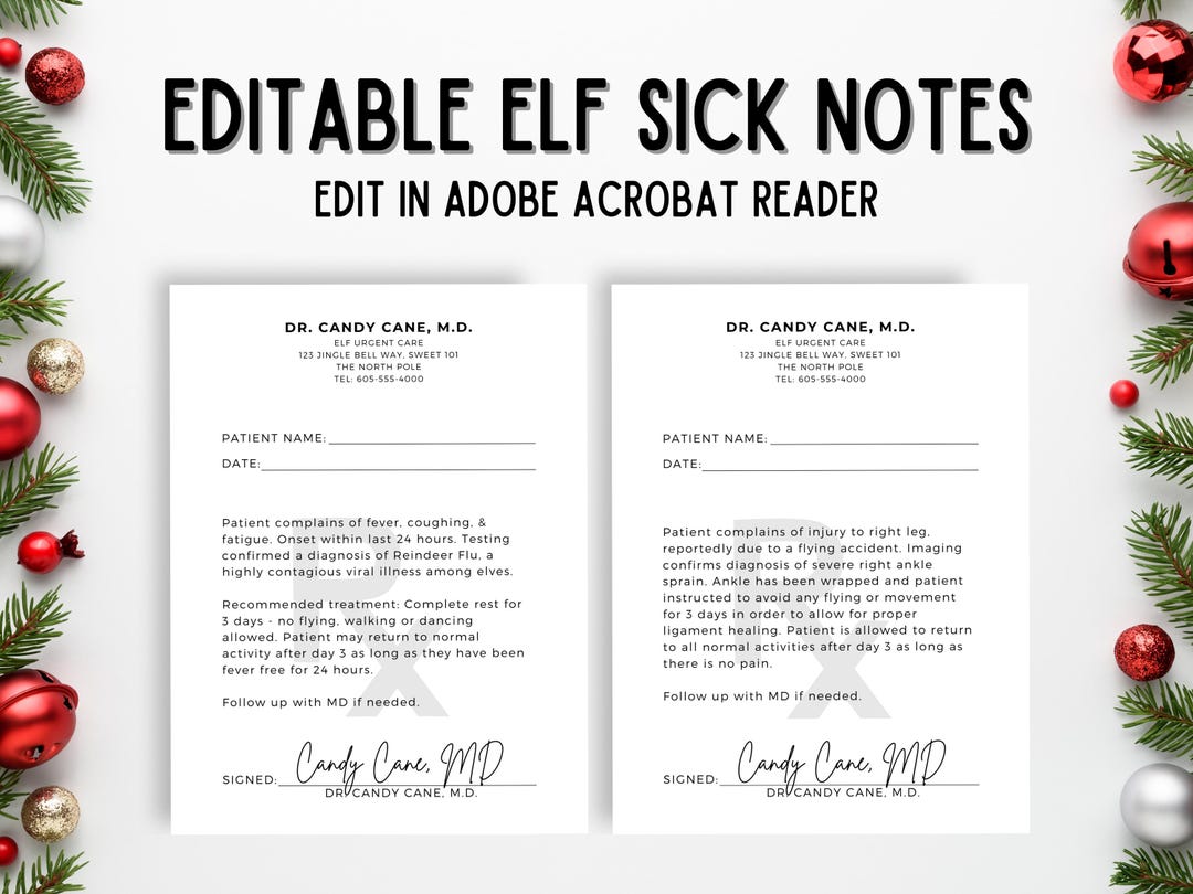 Elf Sick Note Editable, Elf Injury & Recovery Letter, Doctor’s Note for ...