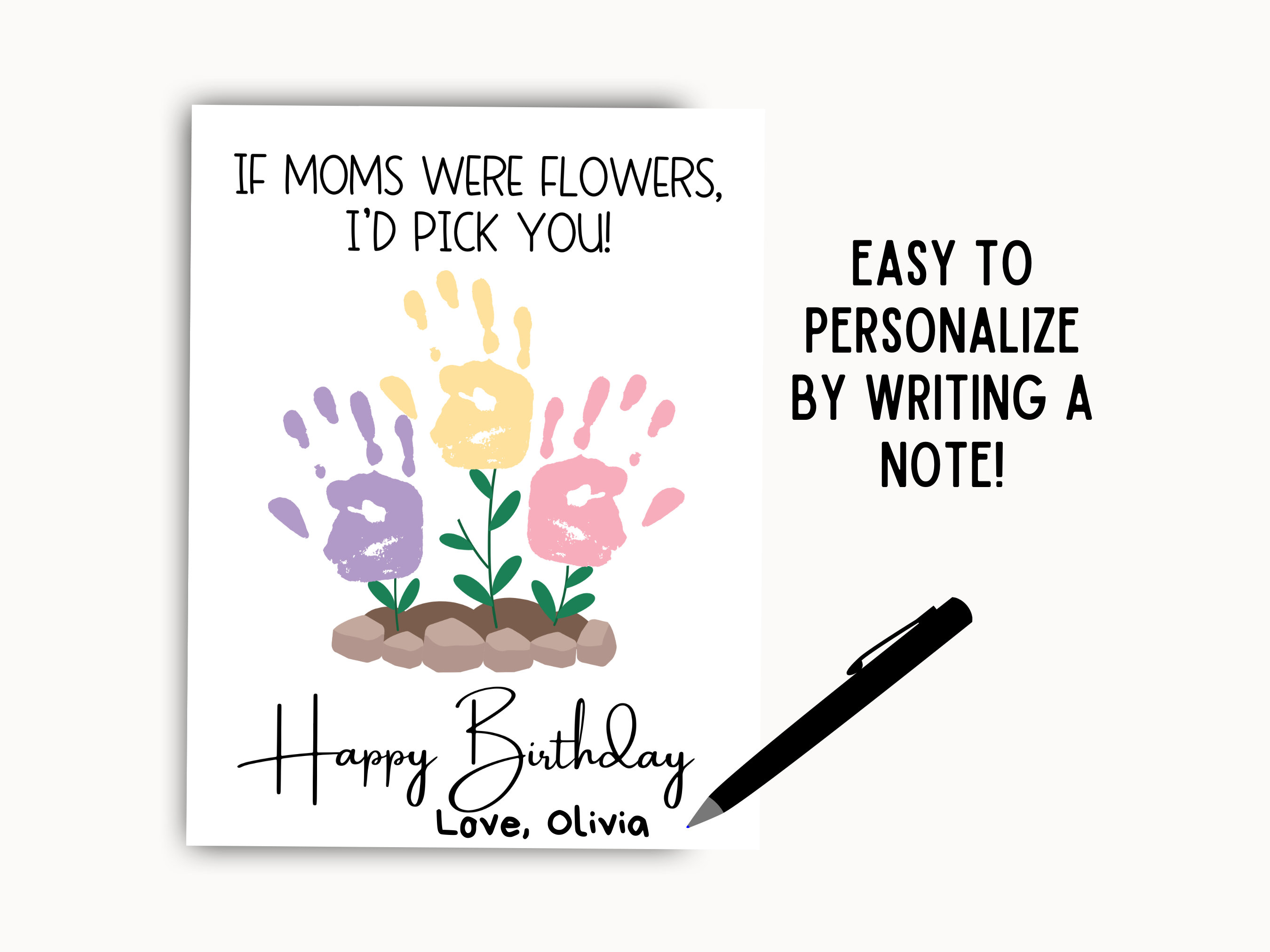 Flower Handprint Birthday Card for Mom Printable, Happy Birthday Mom ...