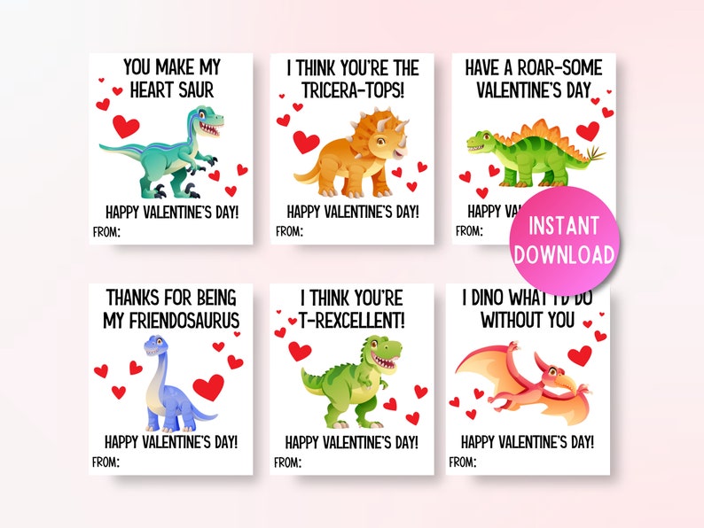 Printable Dinosaur Valentines for Kids Class, Dinosaur Valentine Card ...