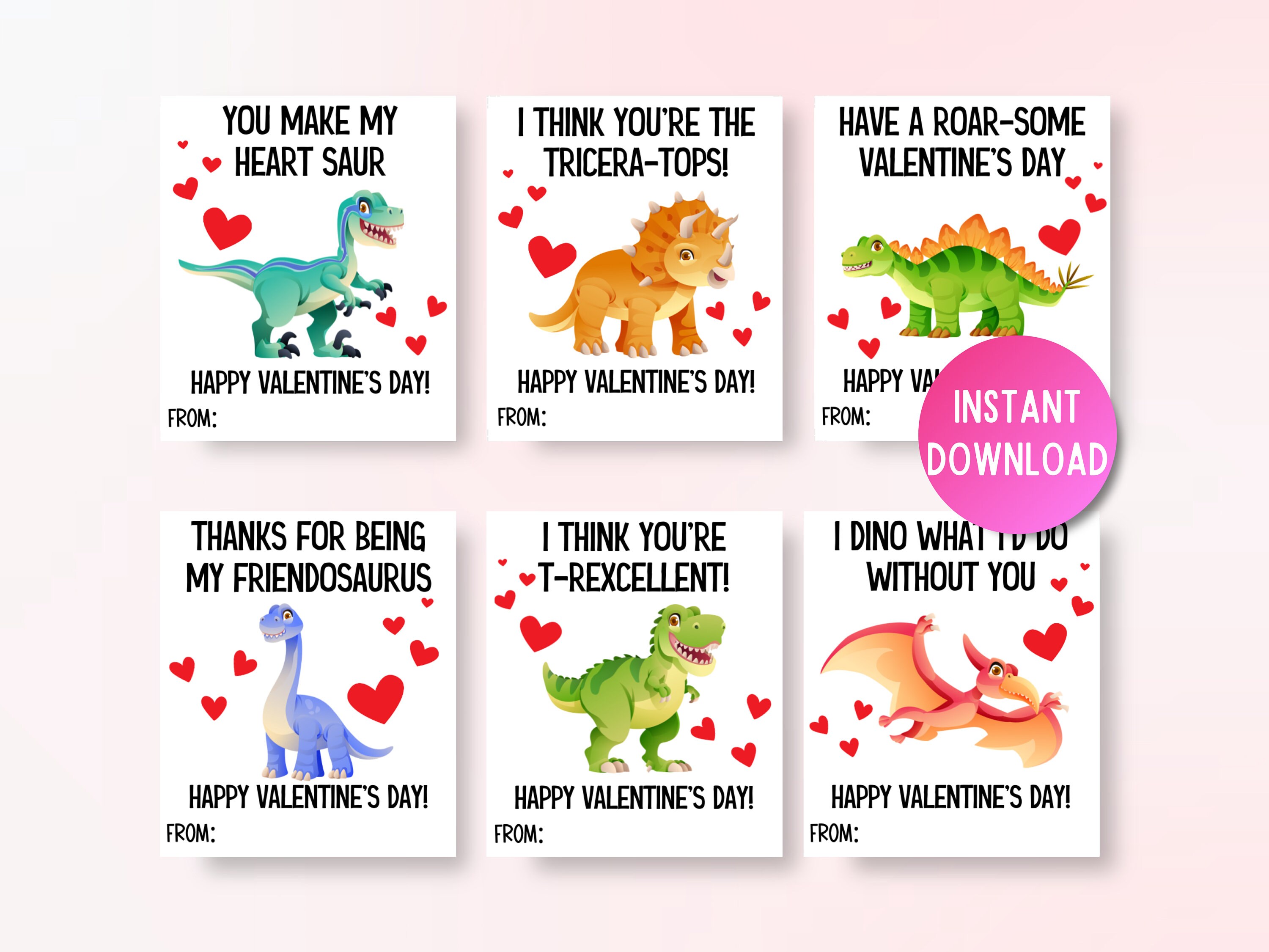 Printable Dinosaur Valentines for Kids Class, Dinosaur Valentine Card ...