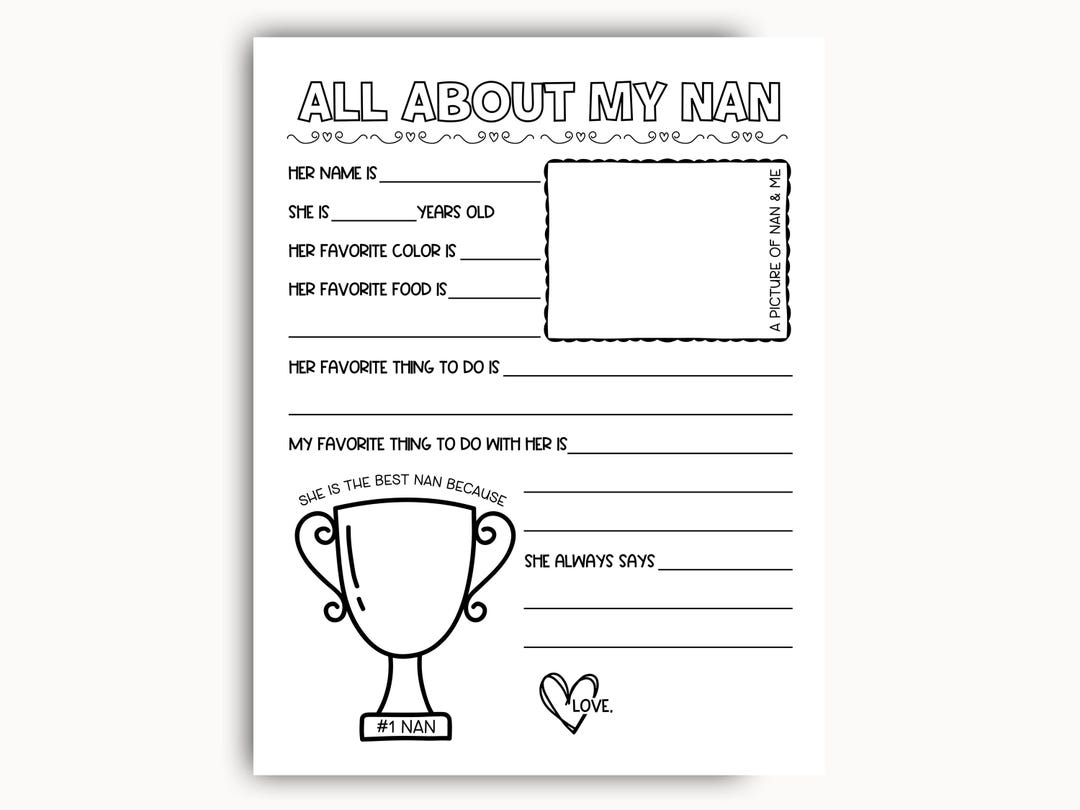 All About My Nan Printable, Mothers Day Printable Gift, Nan Birthday ...