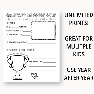 All About My Great Aunt Printable, Mothers Day Questionnaire, Great ...