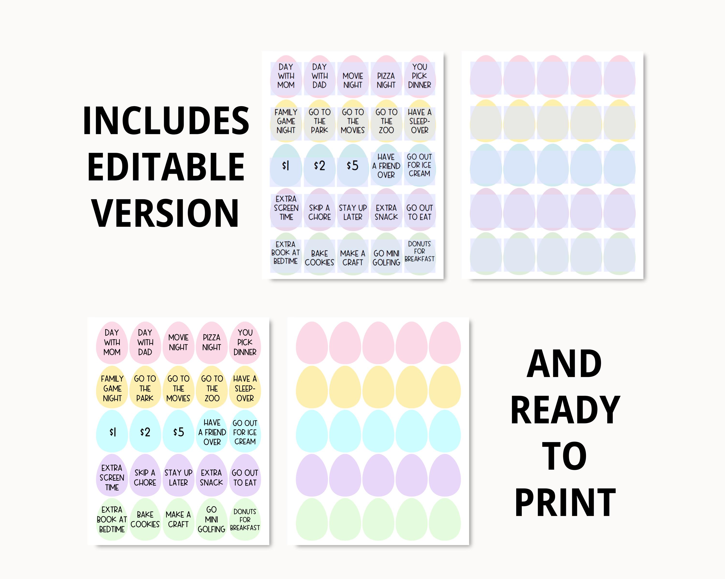 Printable Easter Egg Tokens, Editable Easter Egg Coupon, Easter Egg ...