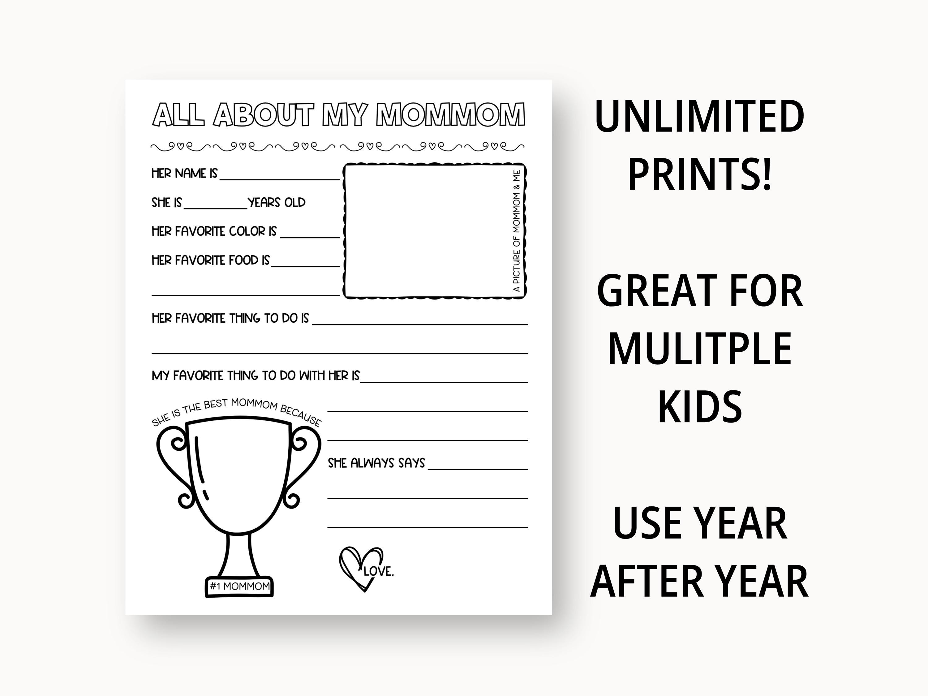 All About My Mommom Printable, Mothers Day Printable Gift, Grandma ...