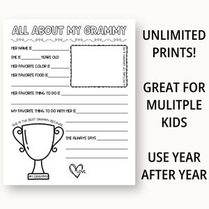 All About My Grammy Printable, Mothers Day Printable Gift, Grandma ...