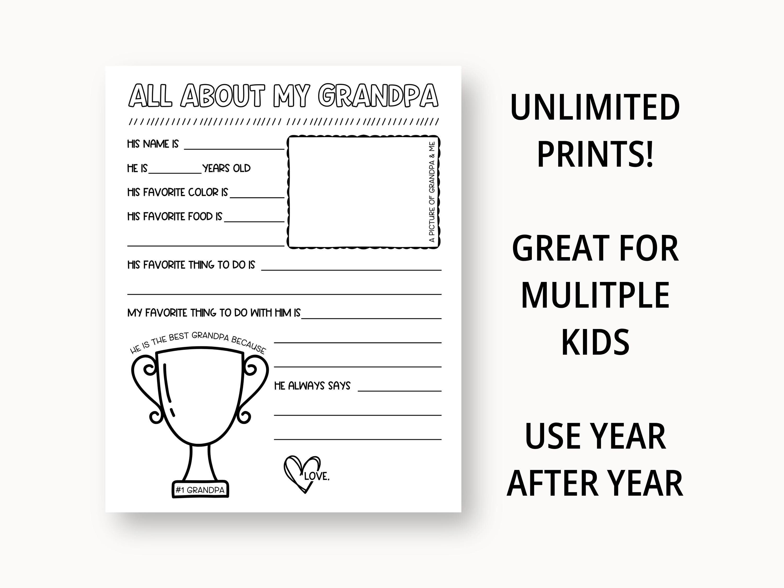 All About My Grandpa Printable, Fathers Day Printable Gift, Birthday ...