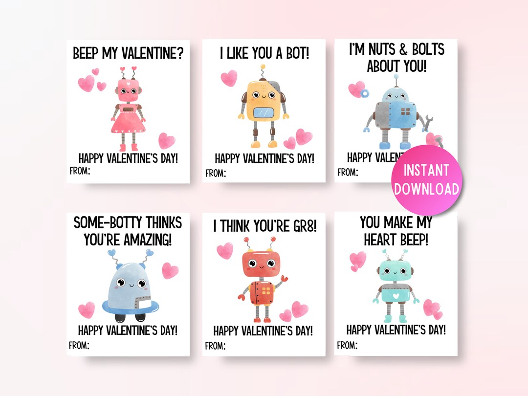 Robot Valentines Cards for Kids Printable, Valentines Day Cards Robots ...