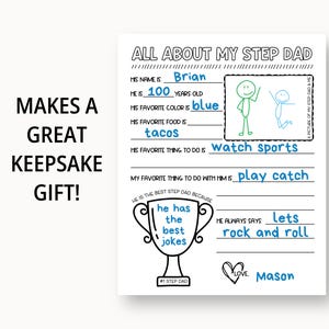 All About My Step Dad Printable, Fathers Day Printable Gift, Birthday ...