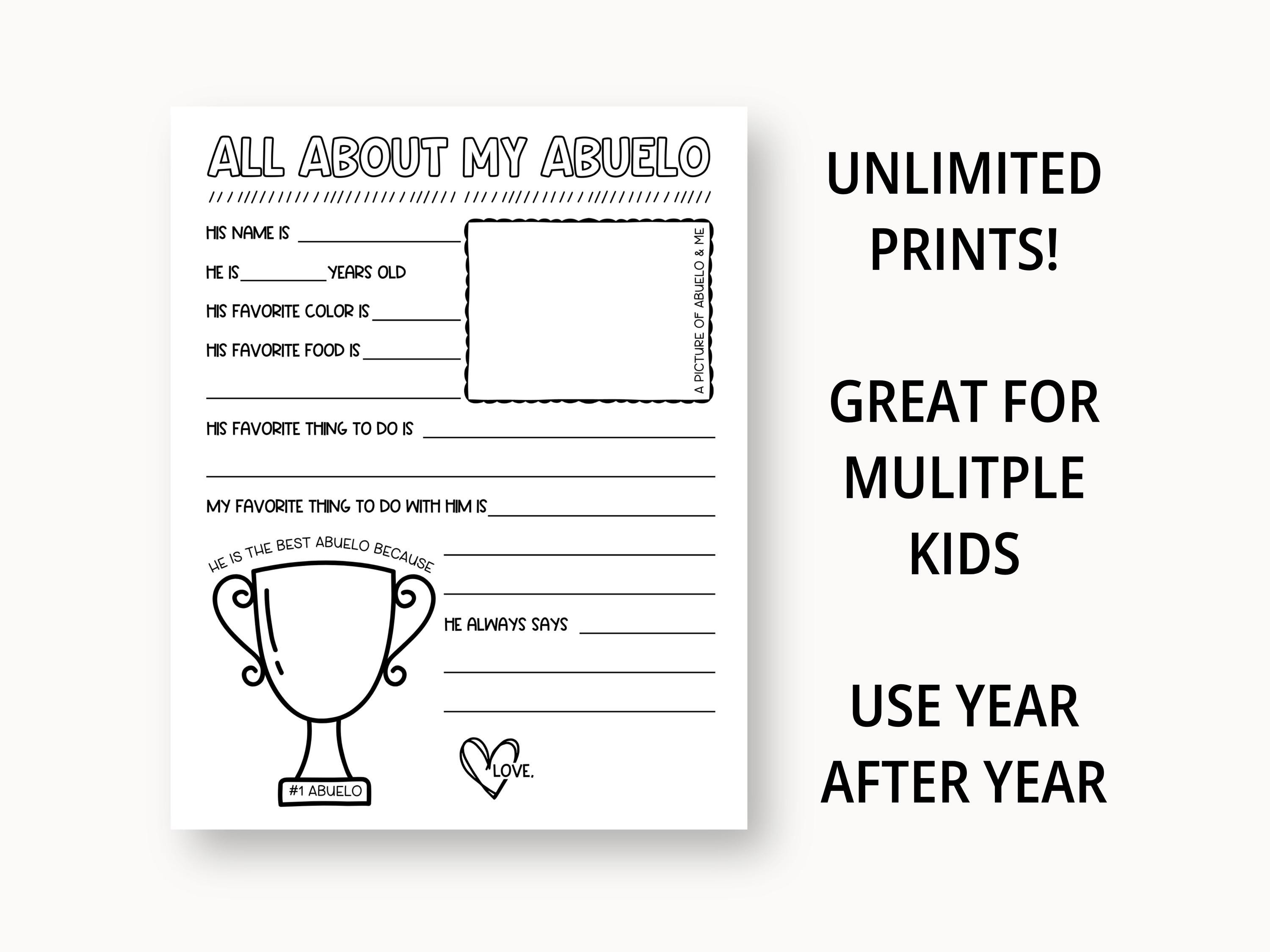 All About My Abuelo Printable, Birthday Gift for Abuelo From Grandkids ...