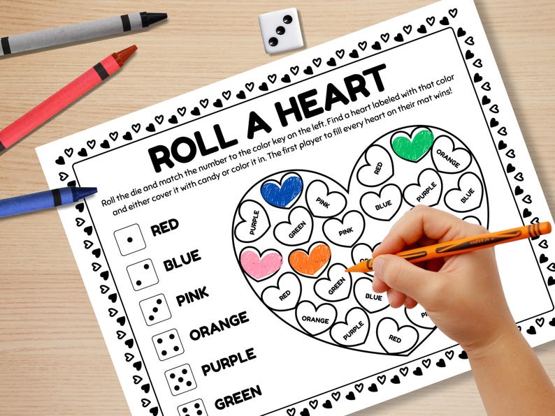 Printable Roll A Heart Dice Game, Valentine's Day Activity for Kids ...