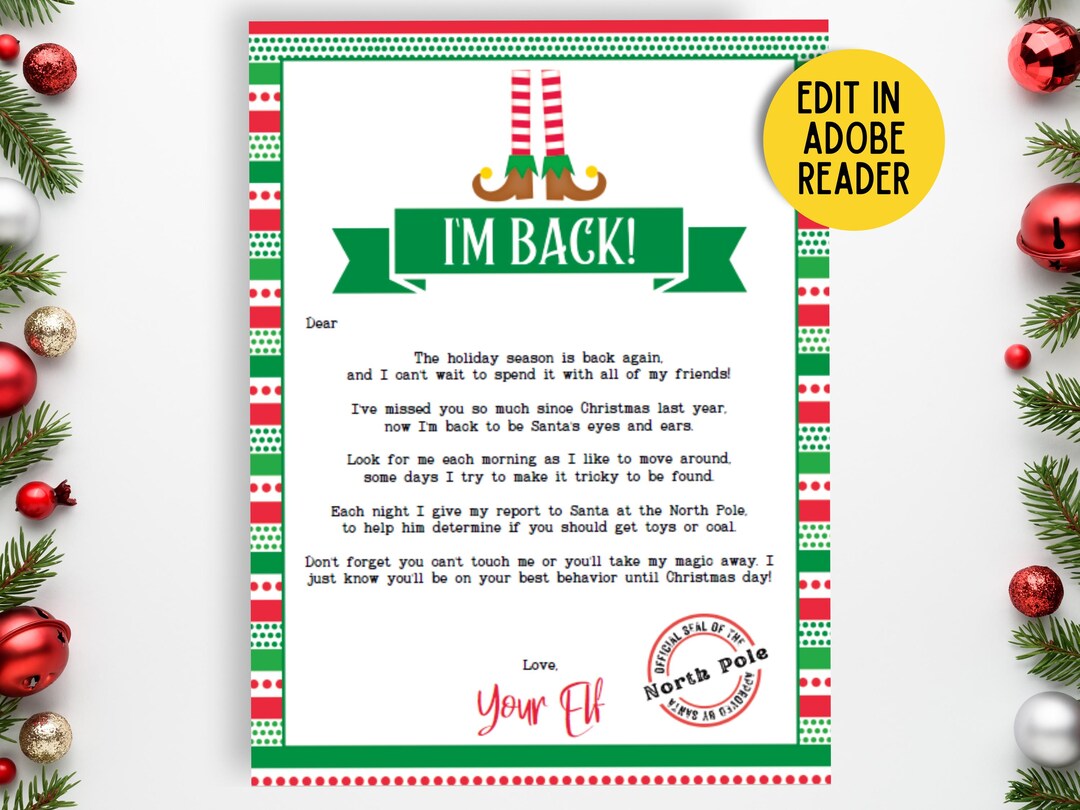 Elf I'm Back Letter, Personalized Elf Letter Printable, Editable Elf ...