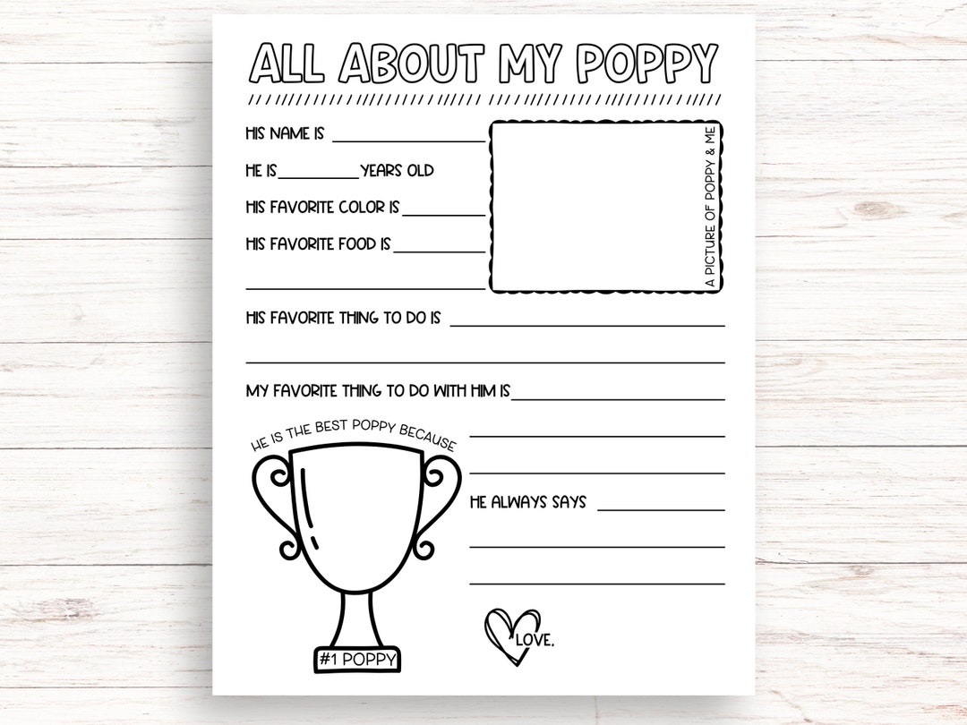 All About My Poppy Printable, Fathers Day Printable Gift, Birthday Gift ...