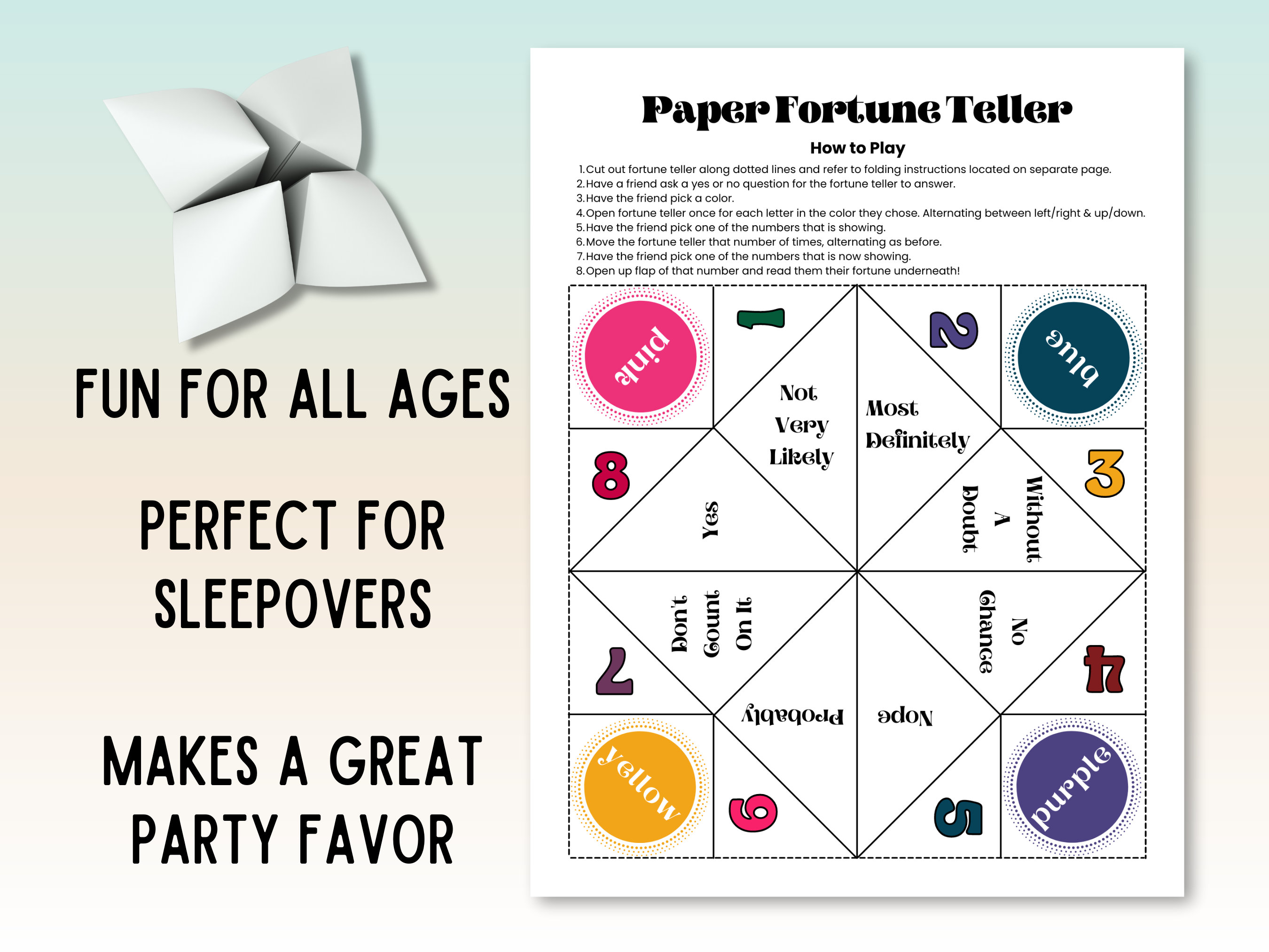 Origami Fortune Teller Printable, Cootie Catcher, Sleepover Printable ...