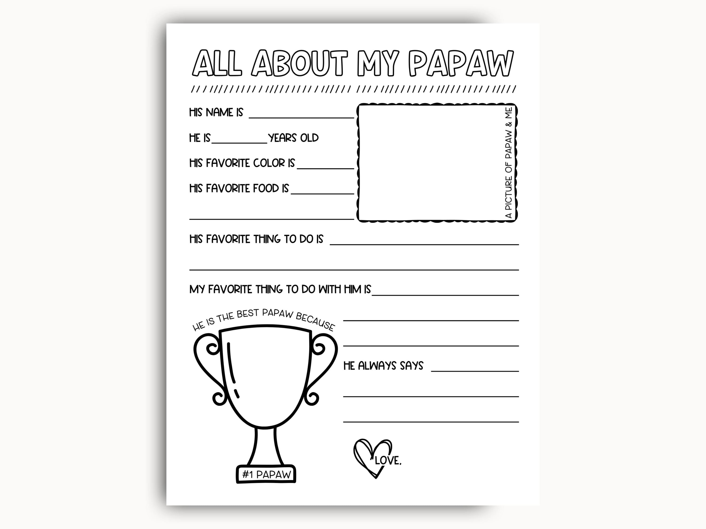 All About My Papaw Printable, Fathers Day Printable Gift, Birthday Gift ...