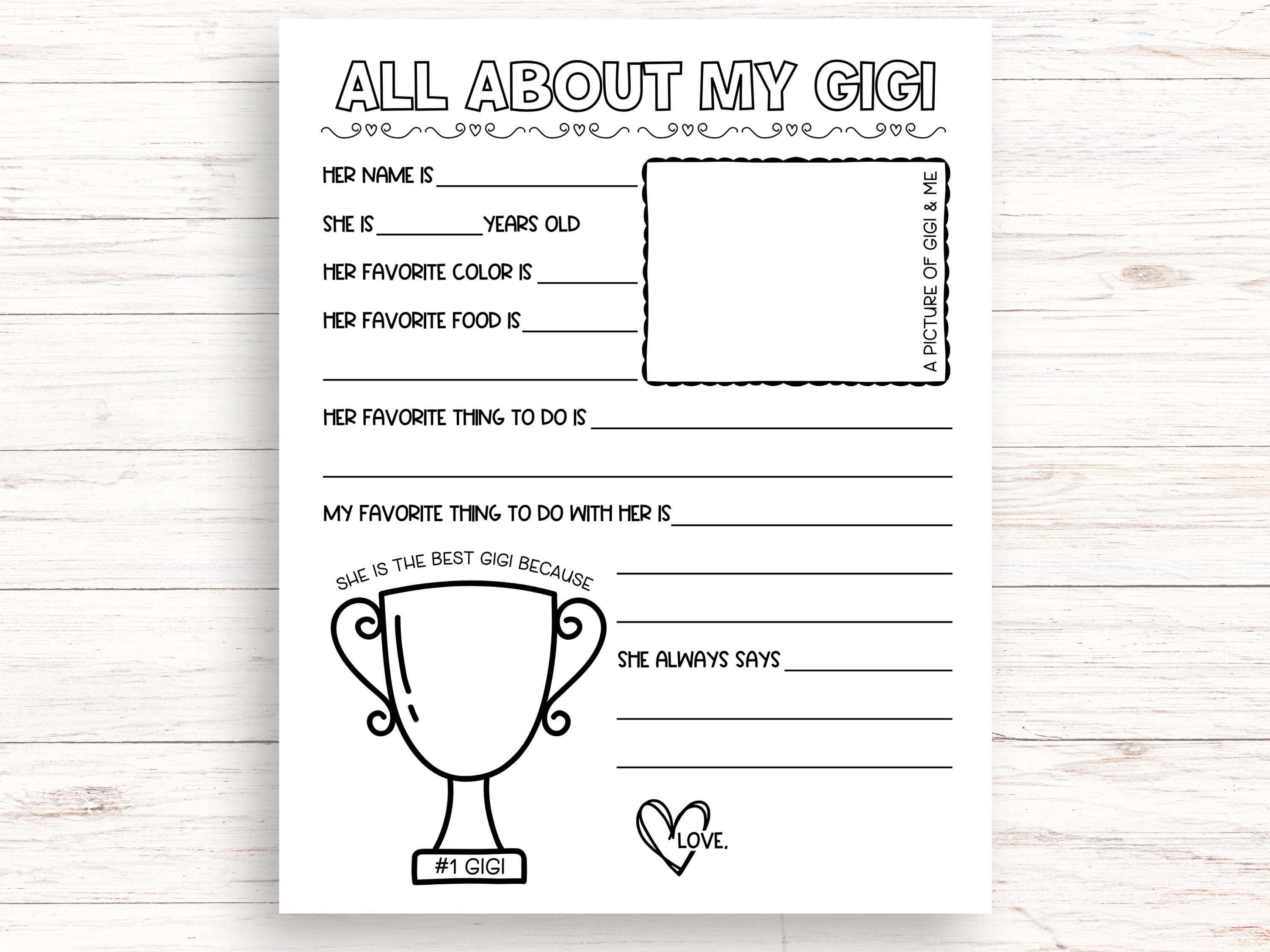 All About My Gigi Printable, Mothers Day Printable Gift, Gigi Birthday Gift From Kids, Great ...