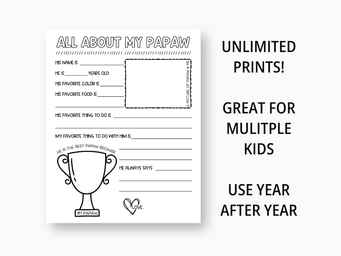 All About My Papaw Printable, Fathers Day Printable Gift, Birthday Gift ...