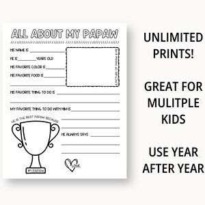 All About My Papaw Printable, Fathers Day Printable Gift, Birthday Gift ...