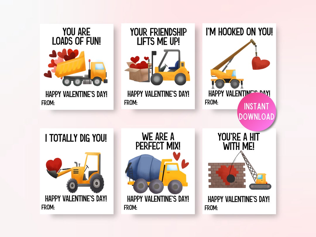 Printable Construction Valentine's Day Cards for Kids, Tractor ...