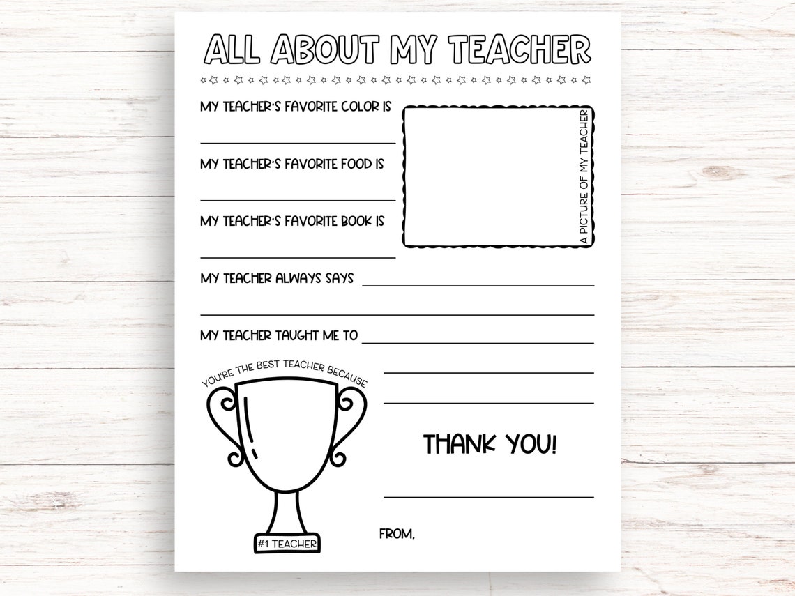 All About My Teacher Printable, Thank You Teacher Letter, Teacher ...