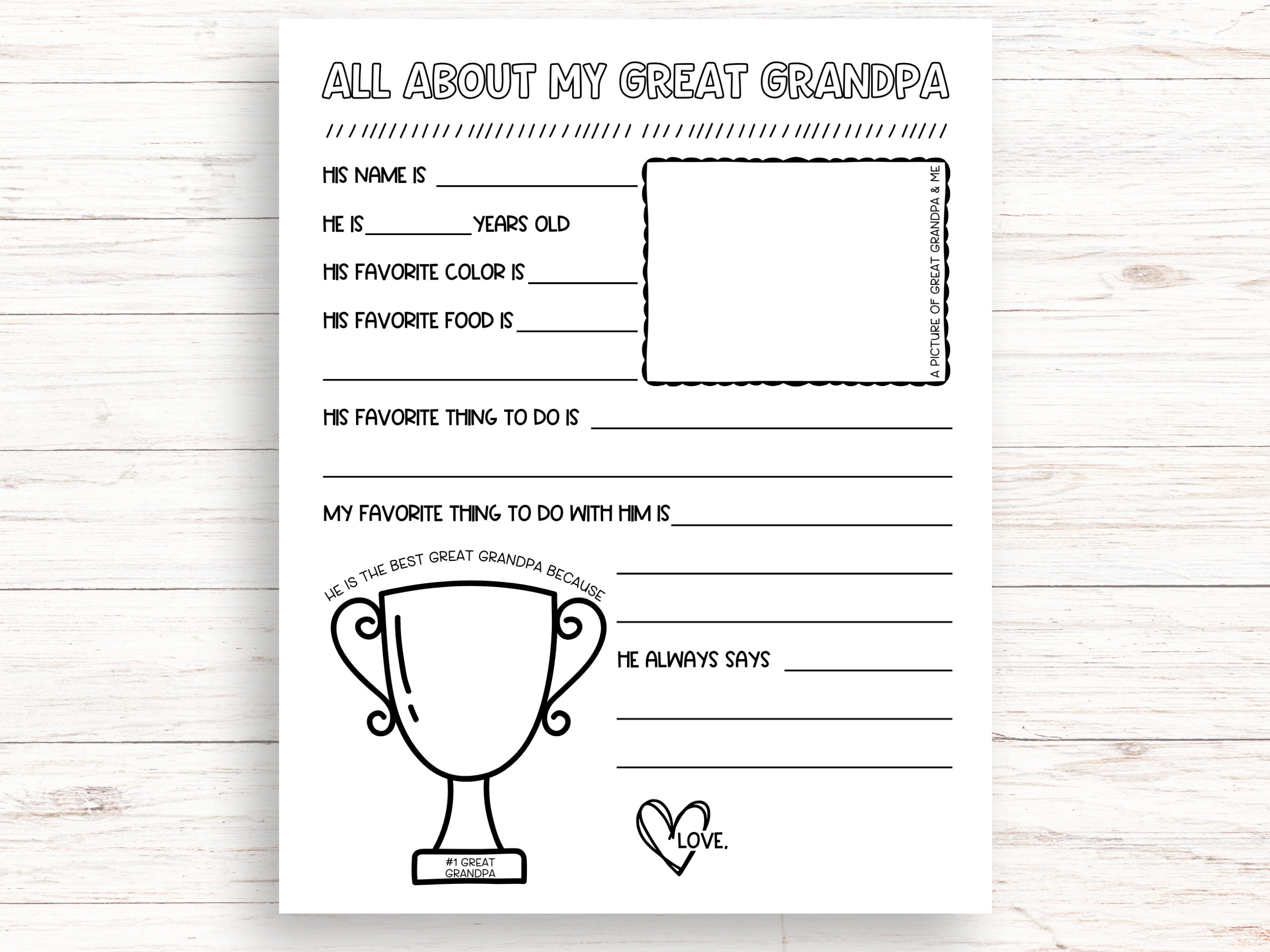 All About My Great Grandpa Printable, Birthday Gift for Great Grandpa ...