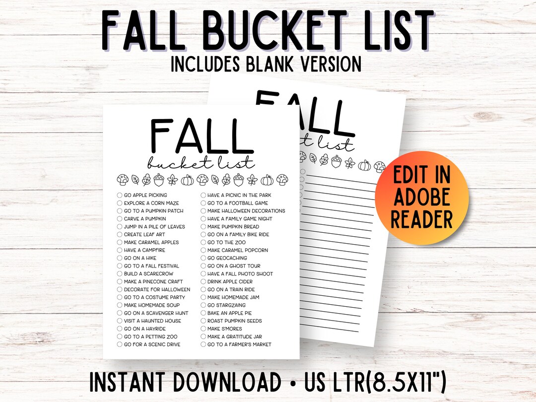 Editable Fall Bucket List Printable for Kids Autumn Bucket - Etsy