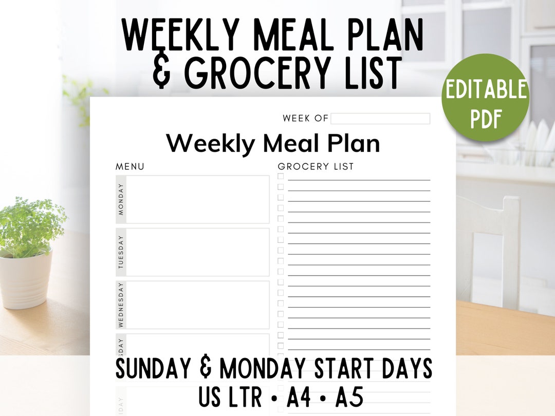 Editable Grocery List and Meal Planner Weekly Meal Plan - Etsy
