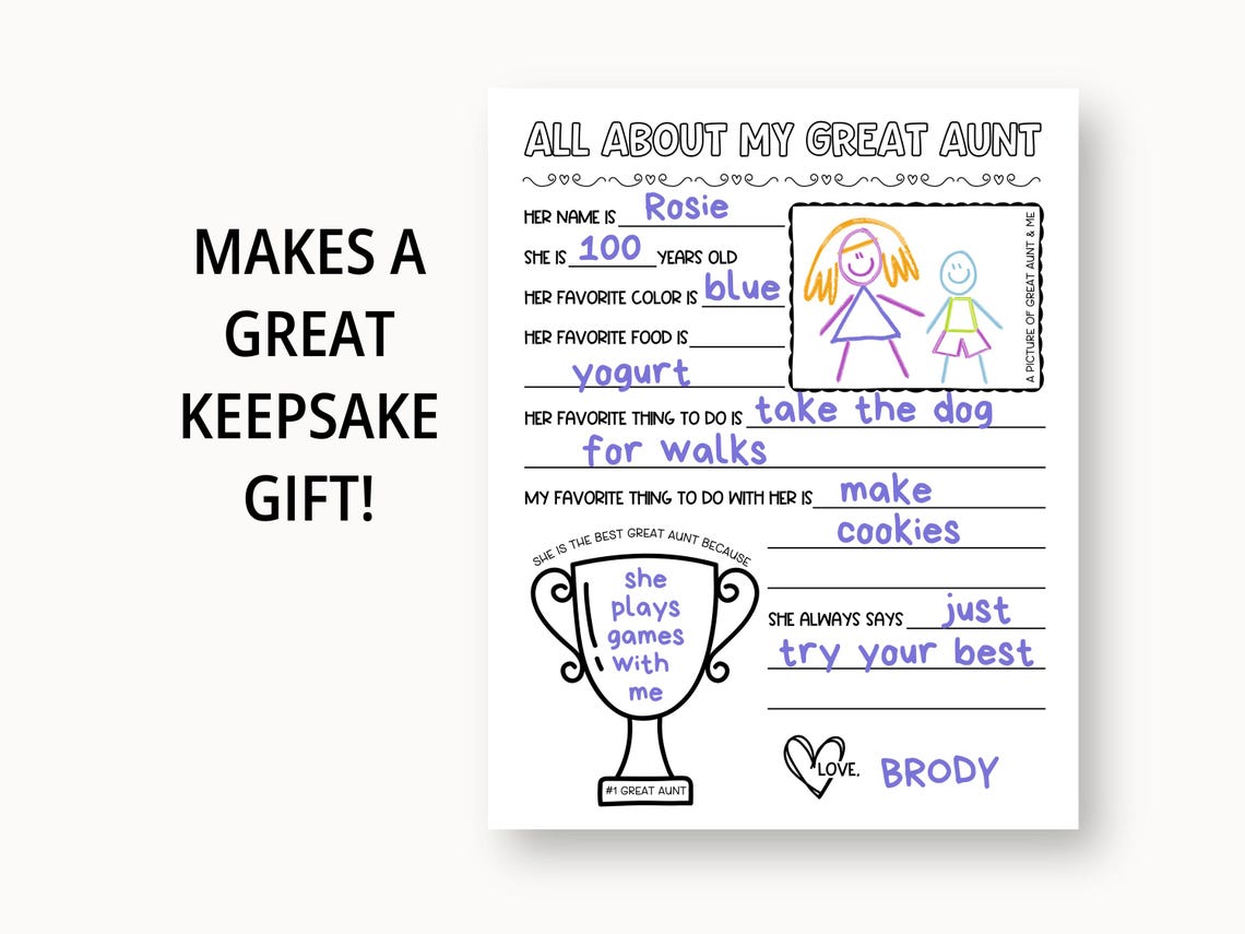 All About My Great Aunt Printable, Mothers Day Questionnaire, Great ...