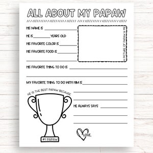 All About My Papaw Printable, Fathers Day Printable Gift, Birthday Gift ...