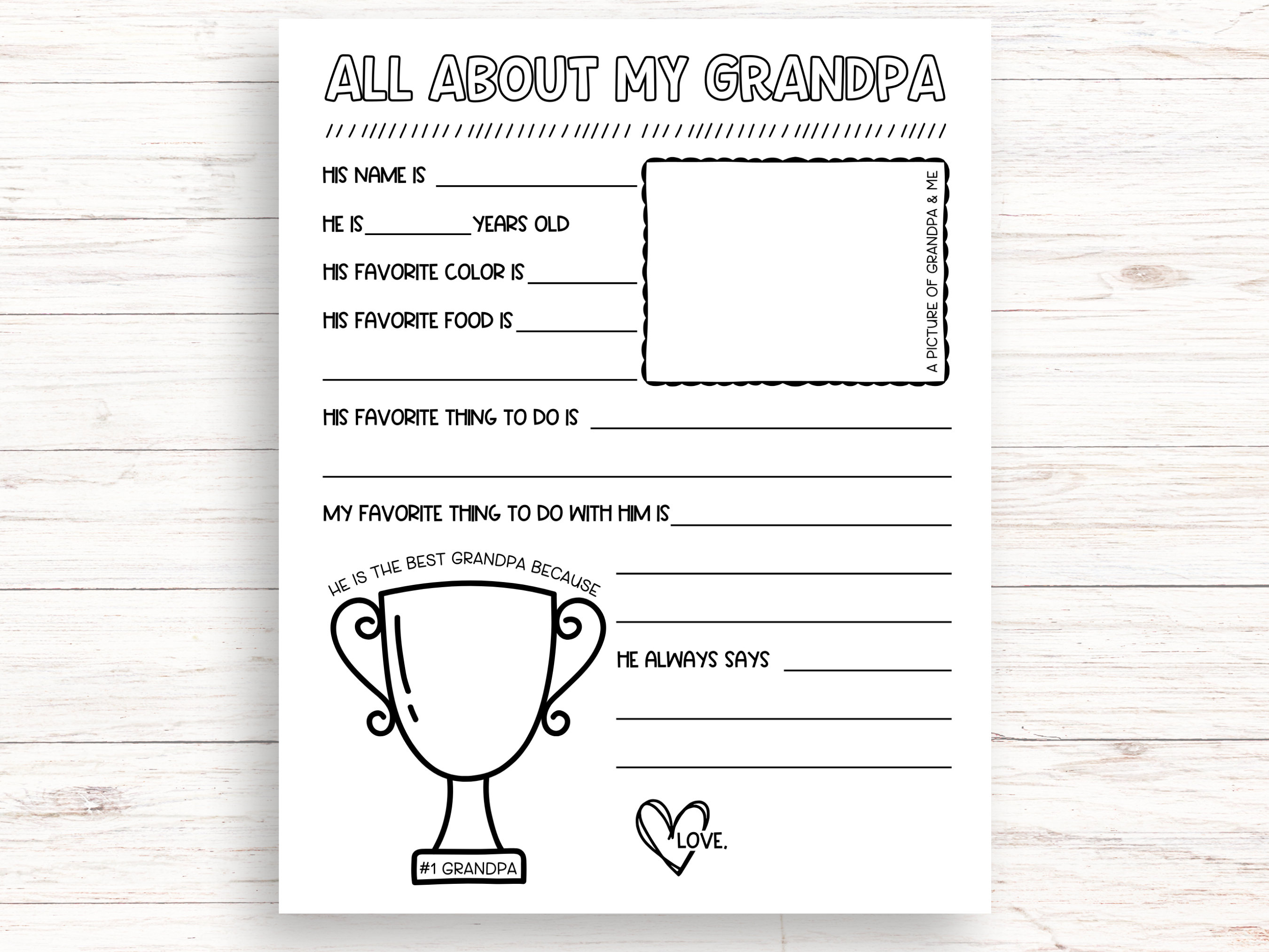 All About My Grandpa Printable, Fathers Day Printable Gift, Birthday ...