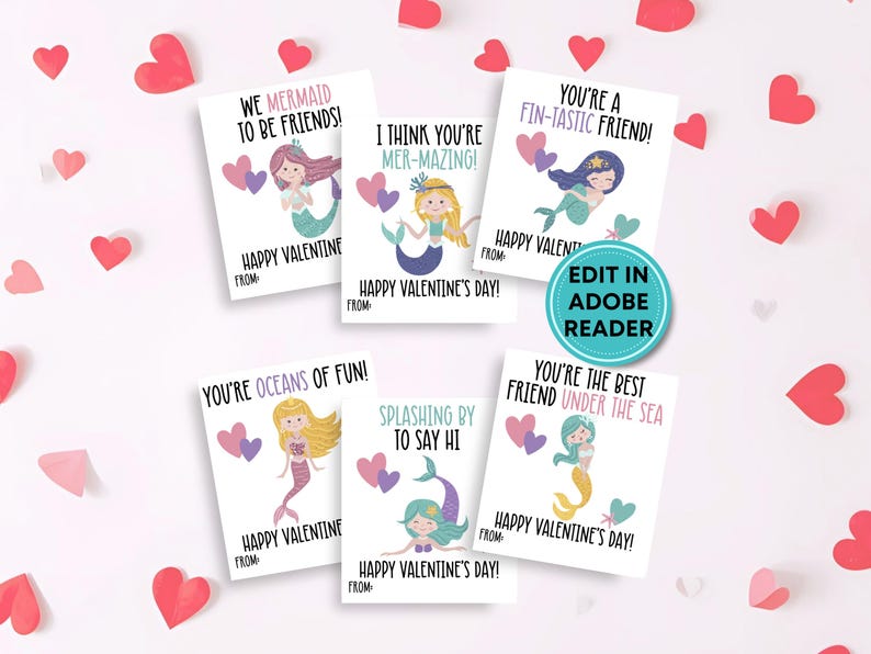 Editable Mermaid Valentine's Day Cards for Kids, Printable Classroom ...