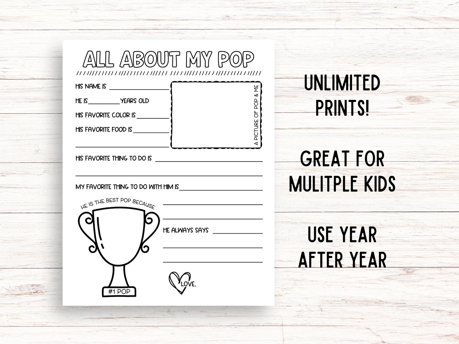 All About My Pop Printable, Fathers Day Printable Gift, Birthday Gift ...
