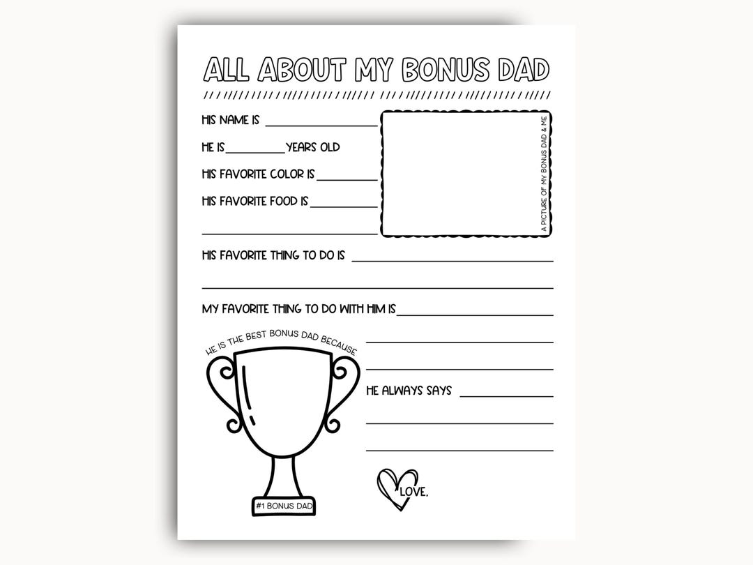 All About My Bonus Dad Printable, Birthday Gift for Bonus Dad From Kids ...