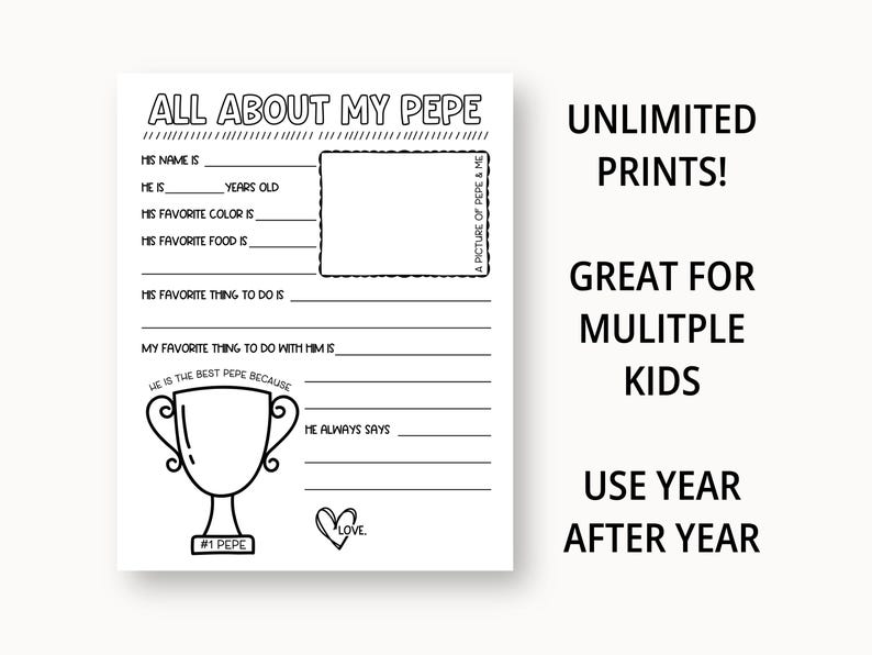 All About My Pepe Printable, Fathers Day Printable Gift, Birthday Gift ...