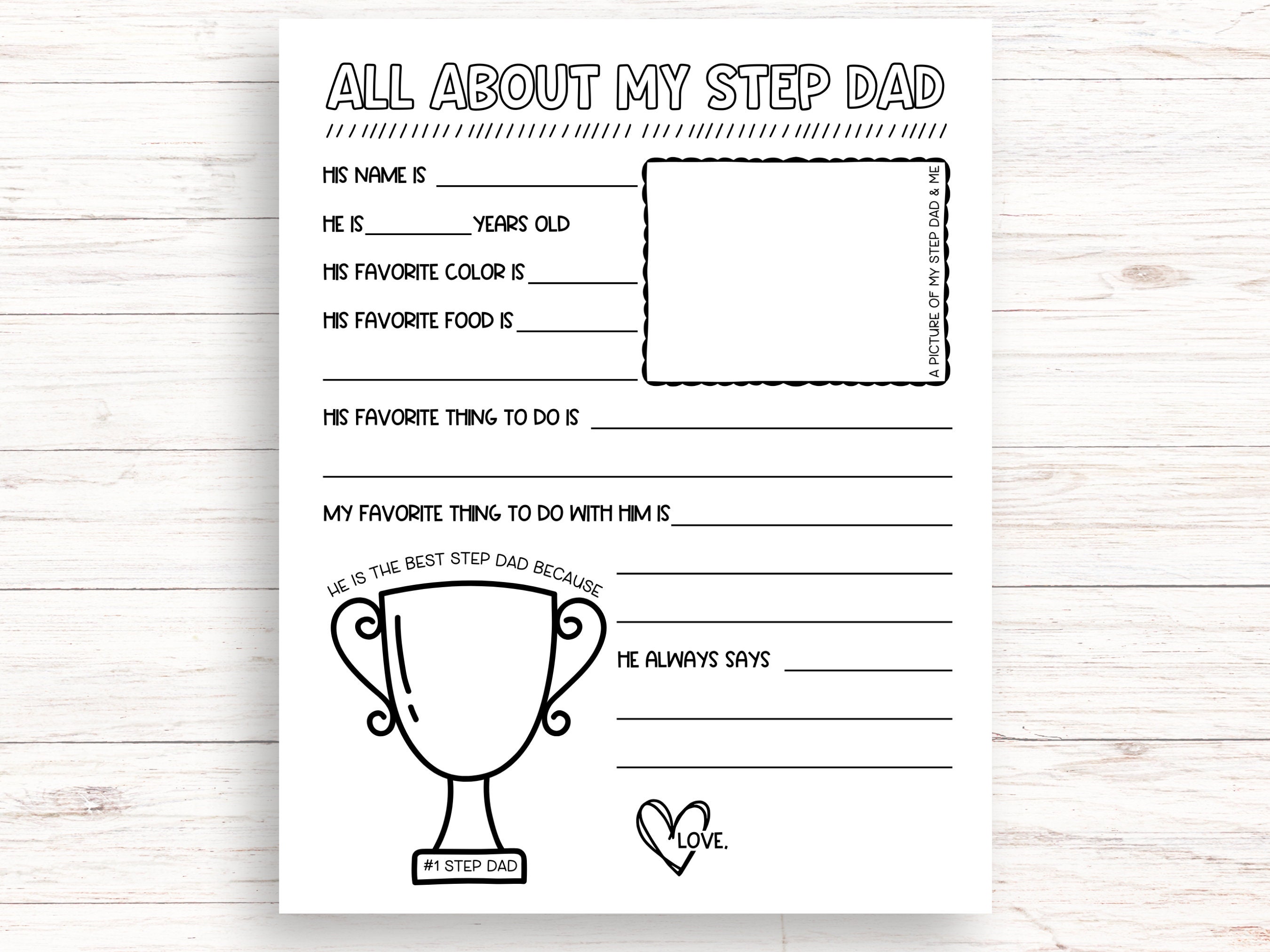 All About My Step Dad Printable, Fathers Day Printable Gift, Birthday ...