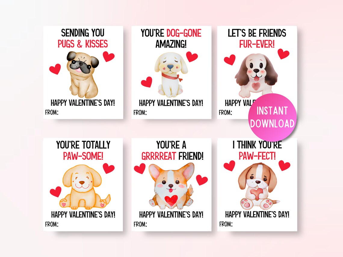 Printable Dog Valentine's Day Cards, Valentines for Kids Class, School ...