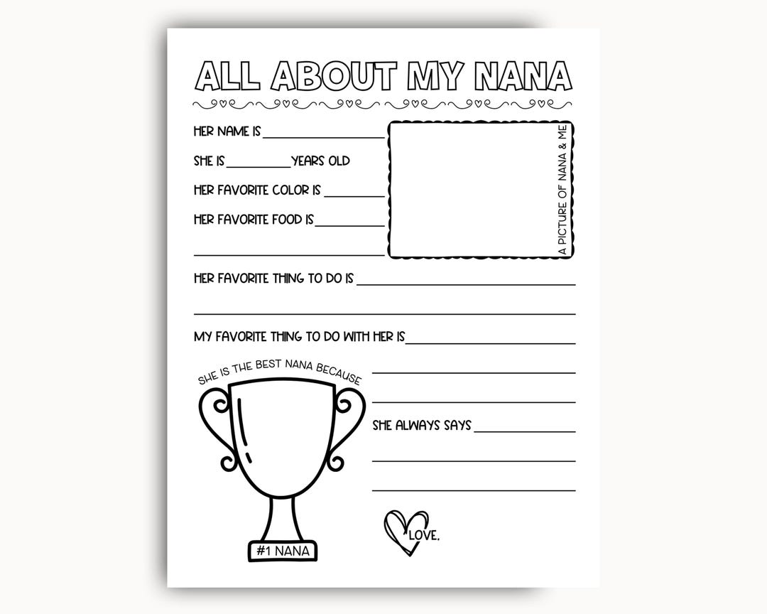 All About My Nana Printable, Mothers Day Printable Gift, Birthday Gift ...