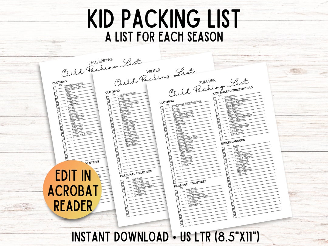 Kids Travel Packing List: Editable Checklist Template (PDF) - Etsy