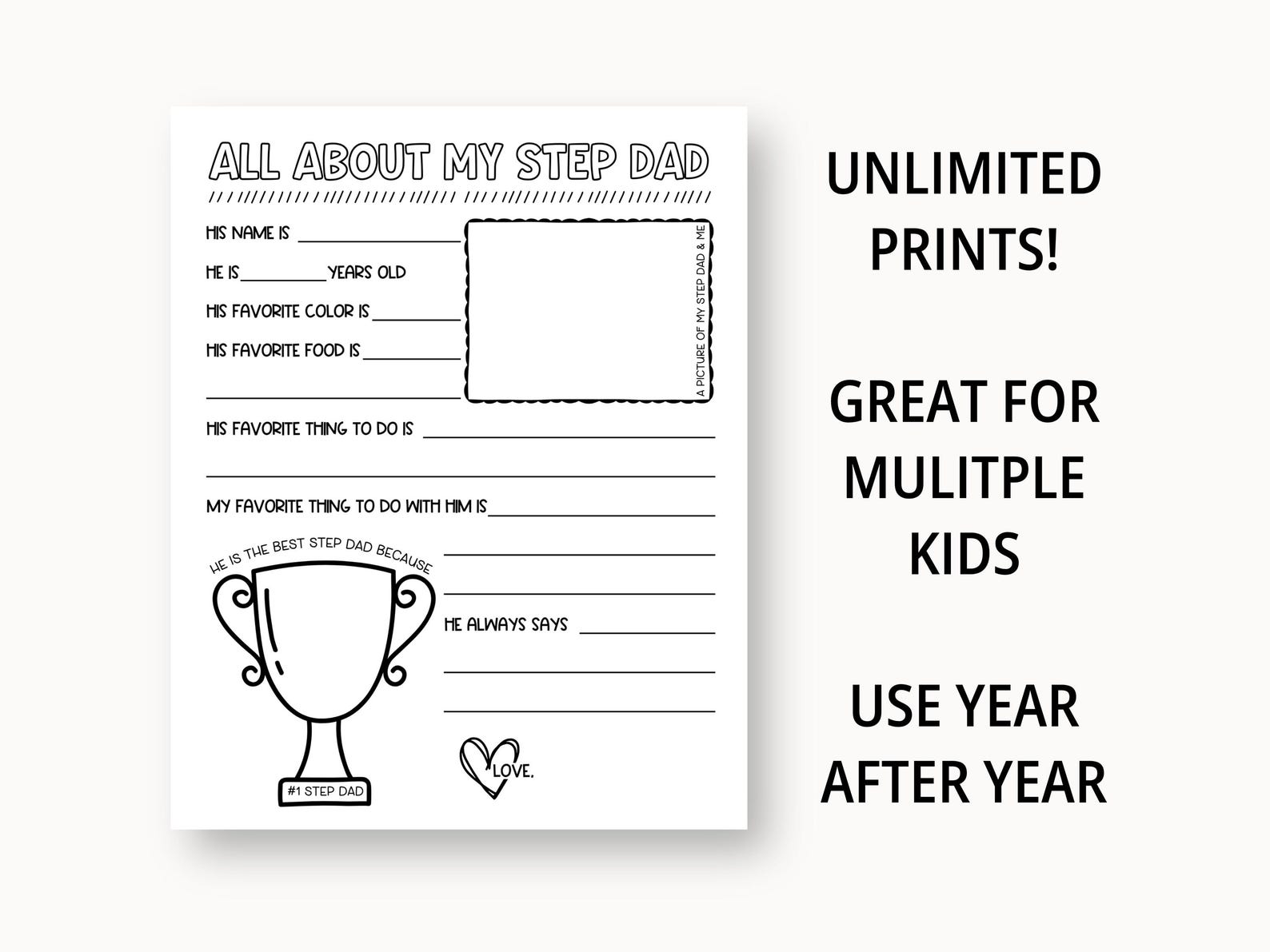 All About My Step Dad Printable, Fathers Day Printable Gift, Birthday ...
