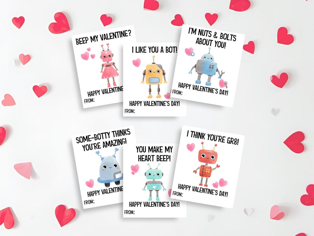 Robot Valentine's Day Cards for Kids, Printable Classroom Valentines ...