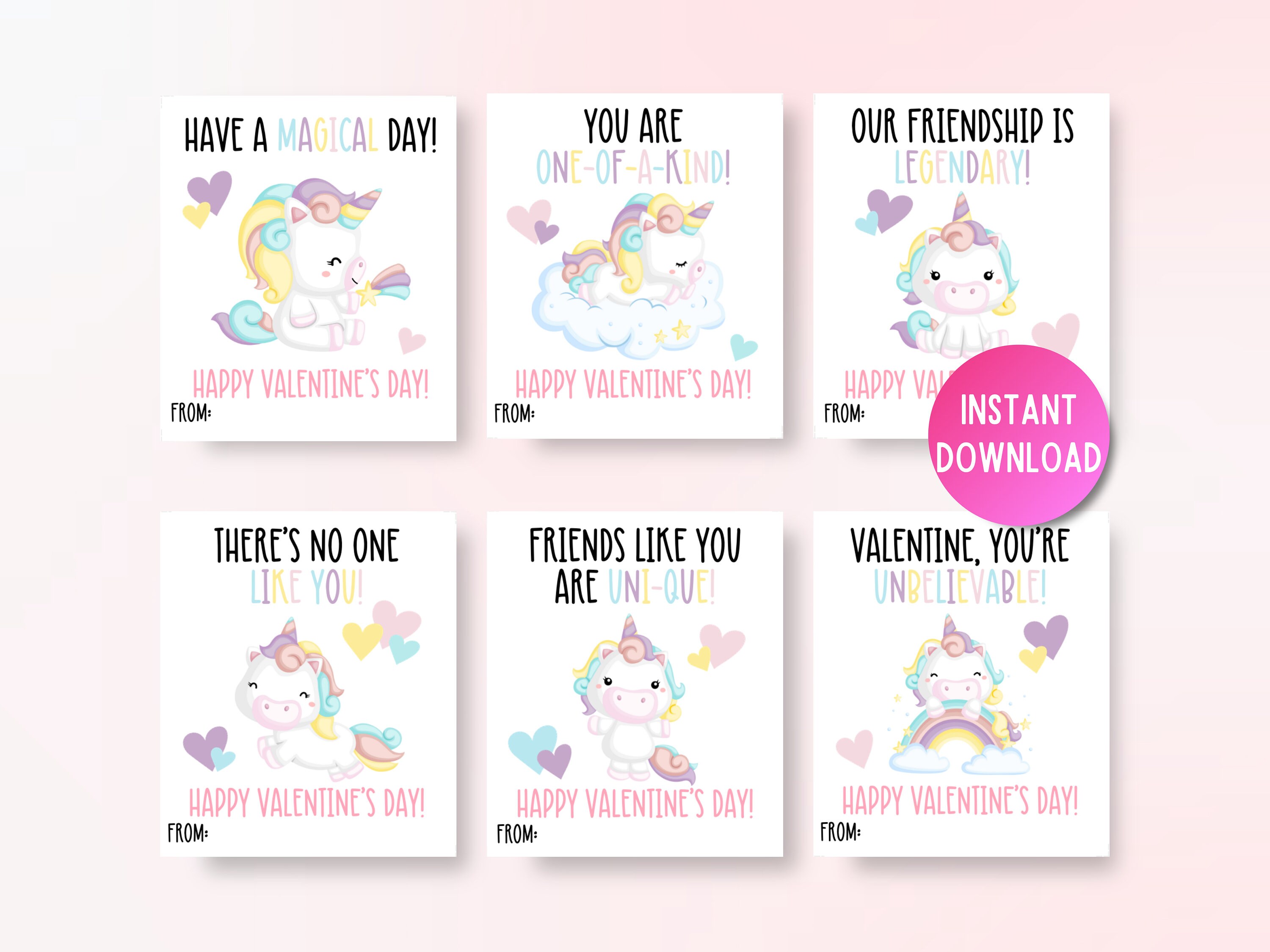 Printable Unicorn Valentine Cards for Kids Classroom, School Valentines ...