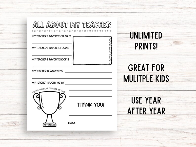 All About My Teacher Printable, Thank You Teacher Letter, Teacher ...