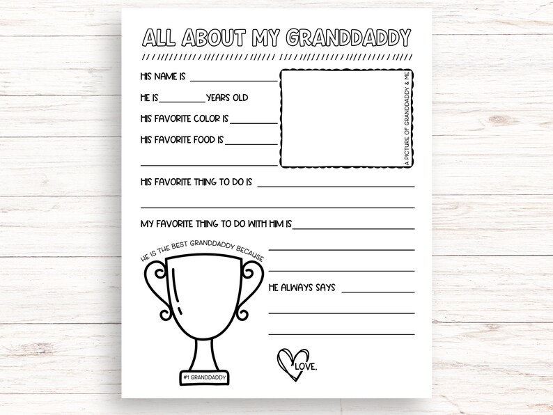 All About My Granddaddy Printable Birthday T For Granddaddy From