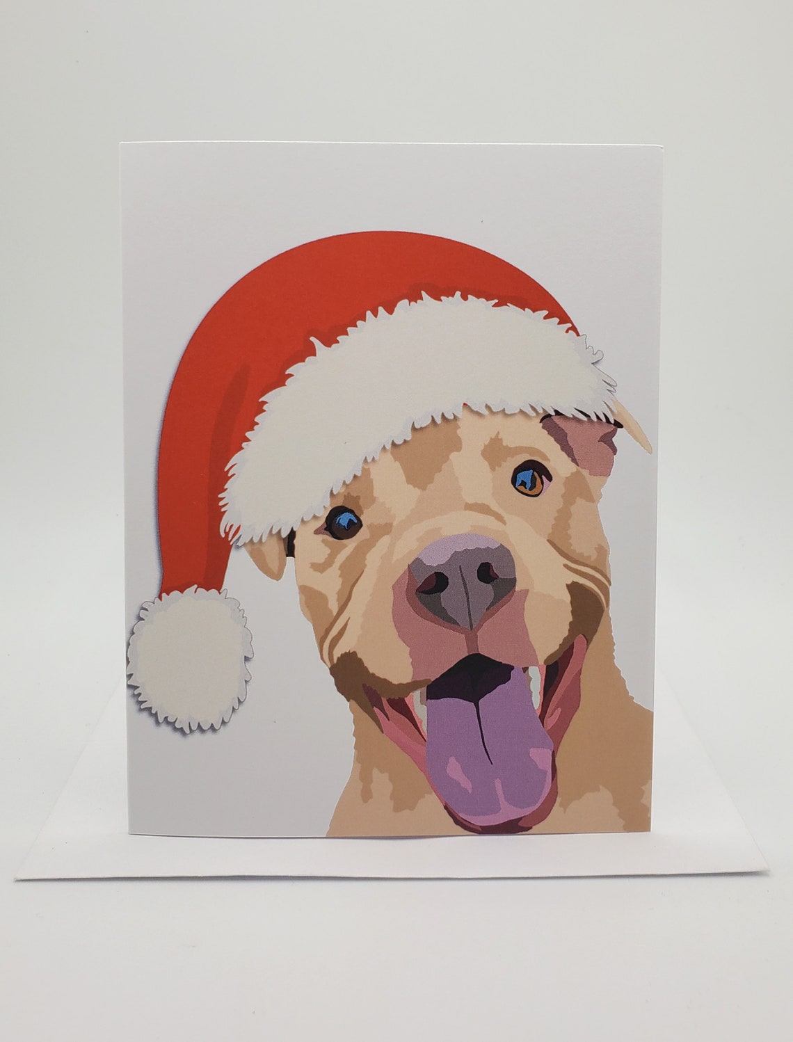 Pit Bull Terrier Santa Card, Pit Bull Christmas Card, Tan Pit Bull Dog ...