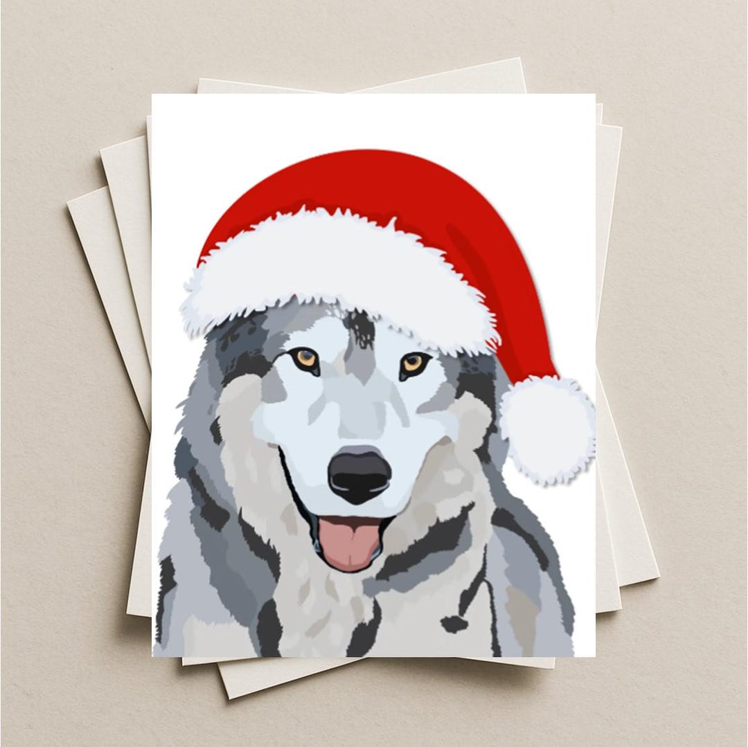 Wolfdog Santa Card, Gray Wolf Dog Christmas Card, Dog Gift Card, Puppy ...