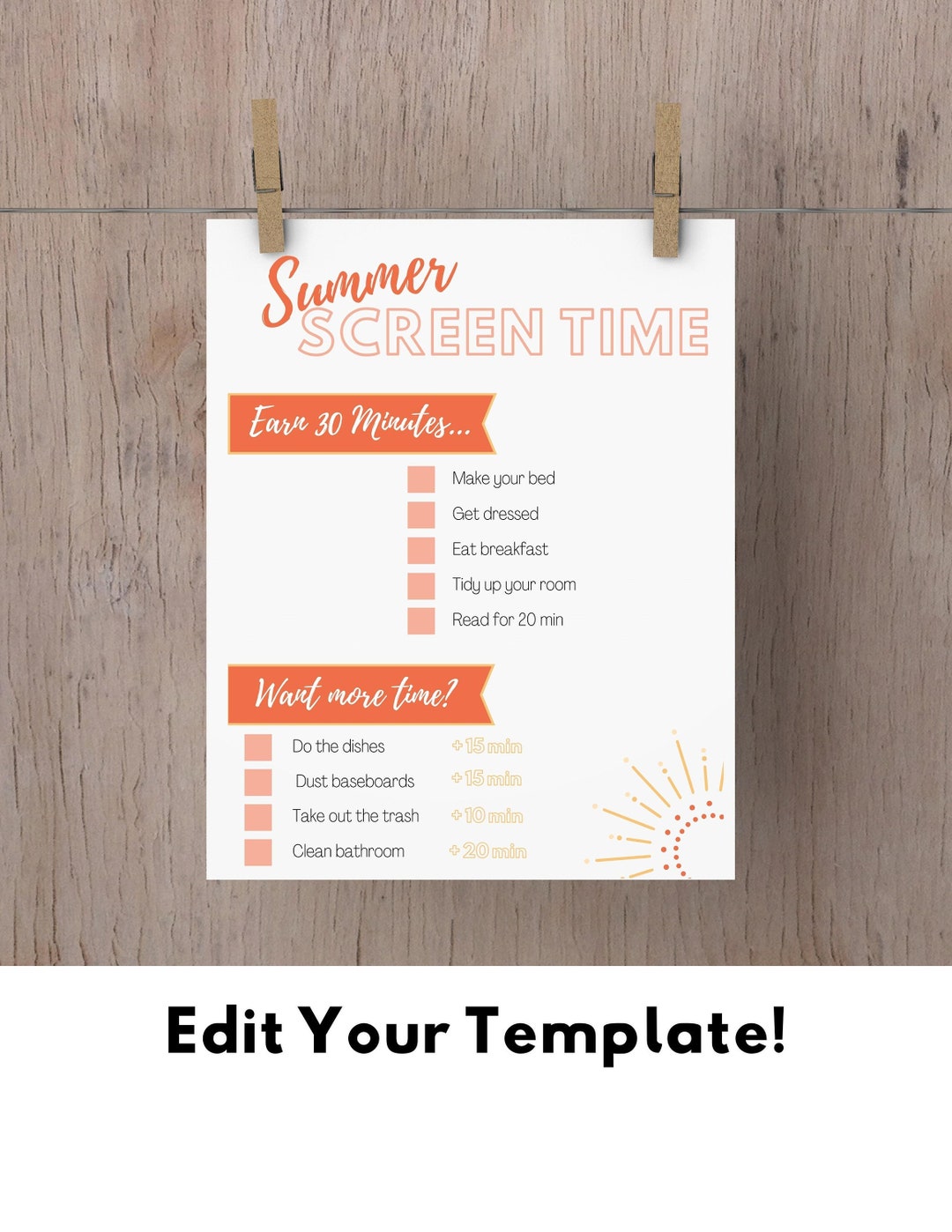 Summer Screen Time Chart, Custom Template, Editable Digital Download - Etsy