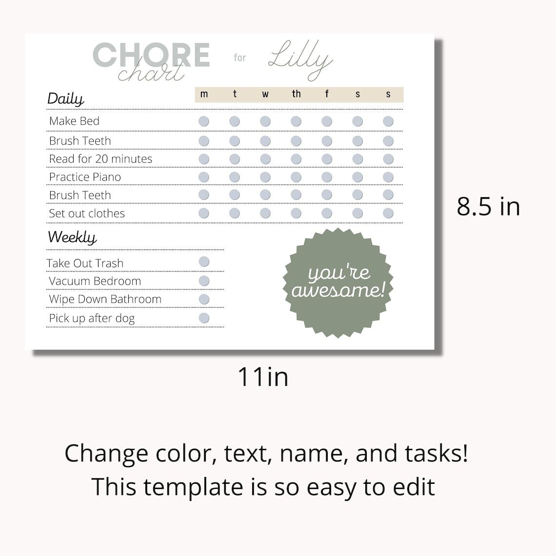 Daily/weekly Chore Chart Template, Neutral Theme, Fully Customizable - Etsy