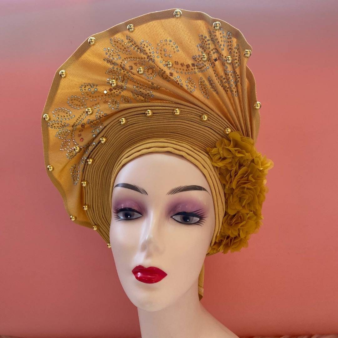 Turban Gele Pre Tied Headwrap For Women Luxury Nigerian Aso Oke