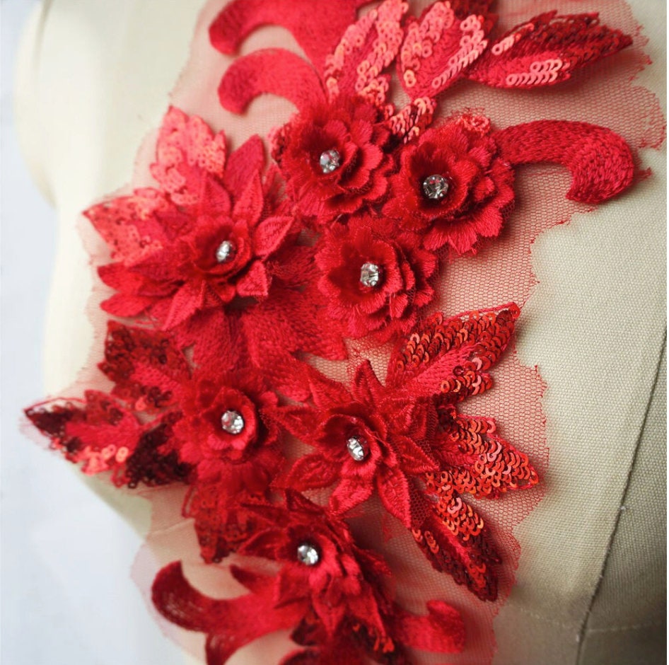 RED 3D Applique Embroidered Sequin Flowers and Rhinestones With Leaves ...